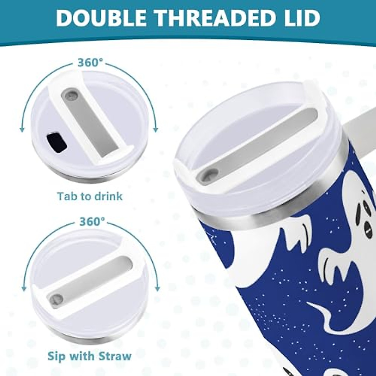 RPLIFE Whimsical Ghosts Deep Blue Stainless Steel Mug, Insulated Water Bottle with Straw, Tumblers for Women