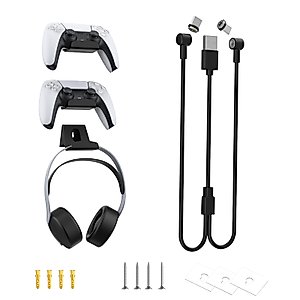 NexiGo Wall Mount Set for PSVR2 Controllers, [Space Saving & Organized Setup] Sturdy Steel Controller Holder and Headphone Hanger, Dual Magnetic USB-C Cable, Hanging Near or Behind TV