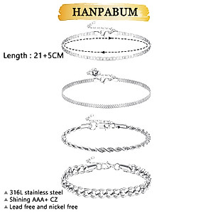 HANPABUM 3-4 PCS Stainless Steel Chain Anklet for Women Dainty Boho Tennis Ankle Bracelets Set Layered Link Paperclip Chain Anklet Adjustable Summer Beach Foot Jewelry