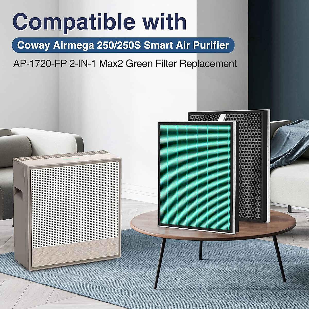 2 Pack 250/250S Replacement Filters for Coway AIRMEGA Max2 250 250S Smart Air Purifier, Max 2 Green True HEPA and Activated Carbon Filter Set, AP-1720-FP