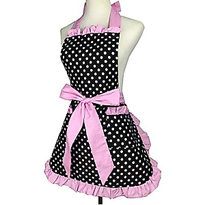 Hyzrz Cute Apron Retro Black Polka Dot Retro Ruffle Side Vintage Cooking Aprons with Pockets for Women Girls (Side Pink)