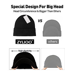 Zylioo XXL Knit Beanie Cap,Oversize Stocking Hats for Big Heads,Cuffed Skull Caps,Large Stretchy Winter Hats Black