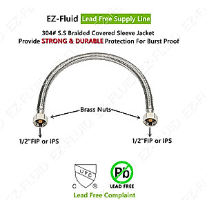 EZ-Fluid (1) 24" Water Supply Line,1/2" Fip x 1/2" Fip LF,Brass Nuts,Universal Stainless Steel Braided Faucet Water Supply Line Connector,Water Supply Hose Connector Lines For Kitchen,Bathroom