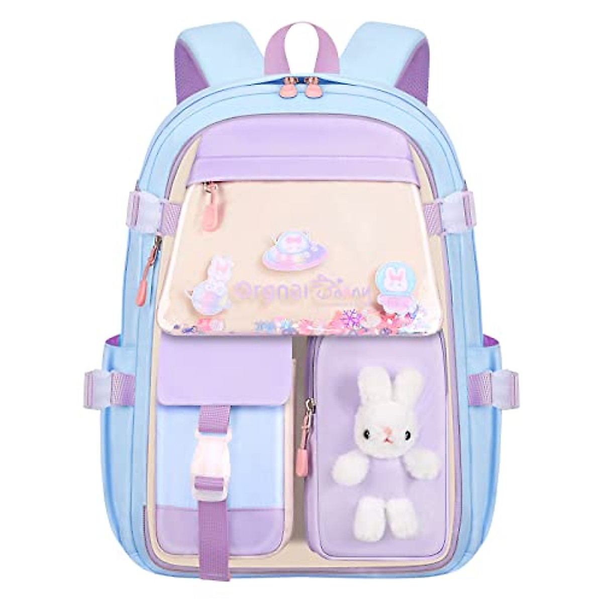 Moonmo Kids Backpack Kawaii Girls Backpacks Elementary Bookbags with Compartments Middle School Bags Women Casual Daypacks (Blue Rabbit, Large)