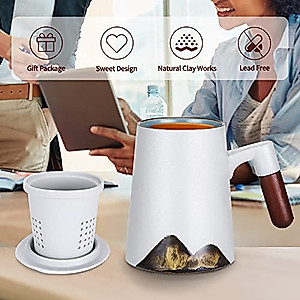 ENJOHOS Wooden handle Tea Mug Japanese Style Large Ceramic Tea Cup with Infuser and Lid, Fine Porcelain Infuser Mug for Work Life Gift (14 oz, Matte White)