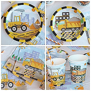 Construction Truck Party Supplies Tableware Set - Dump Truck Banner, Tablecover, Plate, Cups, Napkins, Balloons, Cake Toppers, Foil Balloon, for Party Decorations Kids Birthday Serves 20 Guests