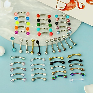 Suotarn 47pcs 16G Stainless Steel Eyebrow Piercing Rings Clear CZ Curved Barbell Helix Daith Rook Earrings Piercing Body Jewelry for Women Men