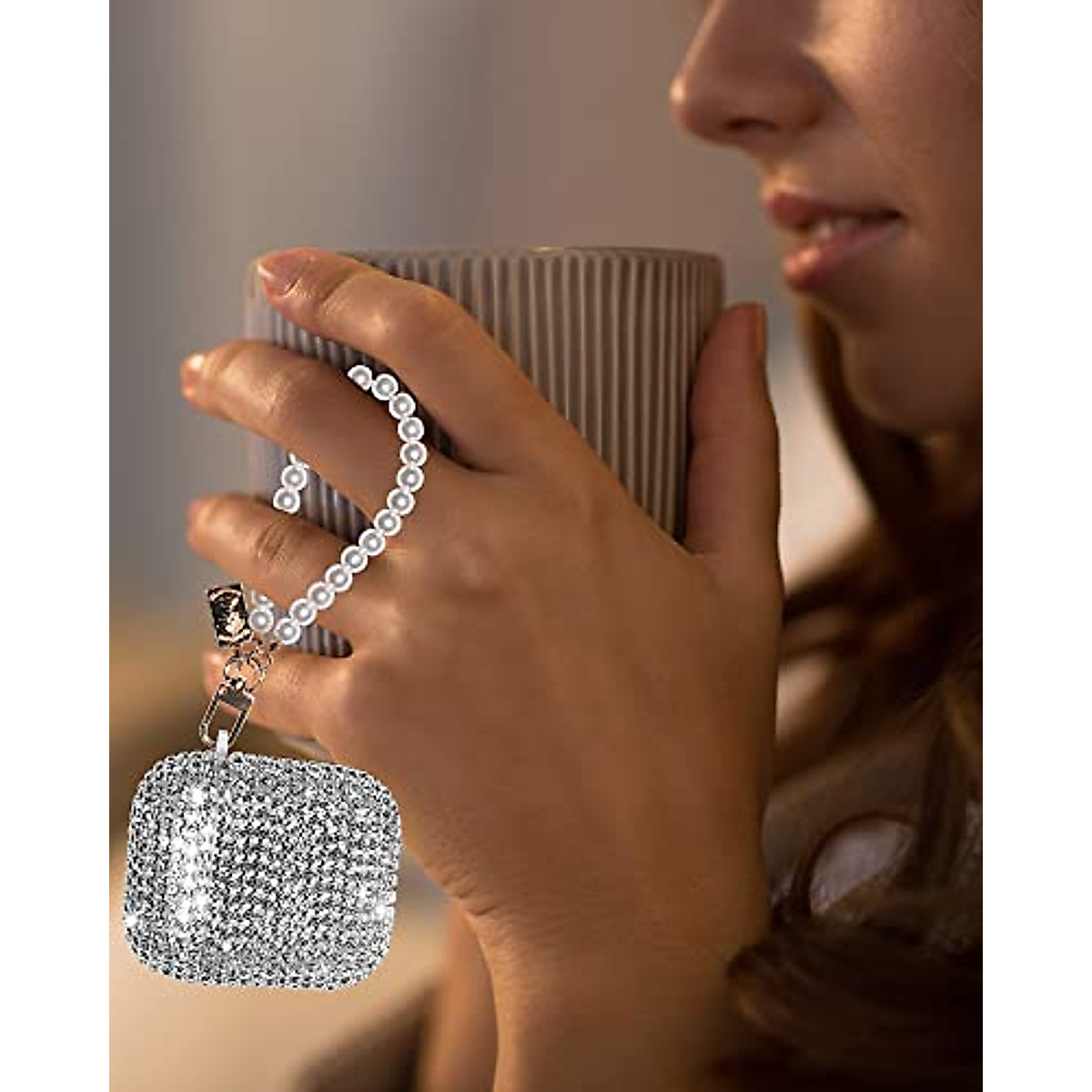 4in1 Bling for AirPod Case Diamonds Cover Set Kit, Luxurious Rhinestone PC for AirPods 2/1 Case Accessories for Women Girl w/Cute Fur Ball Pompom Keychain/Crystal Bracelet/Lobster Clasp Keychain