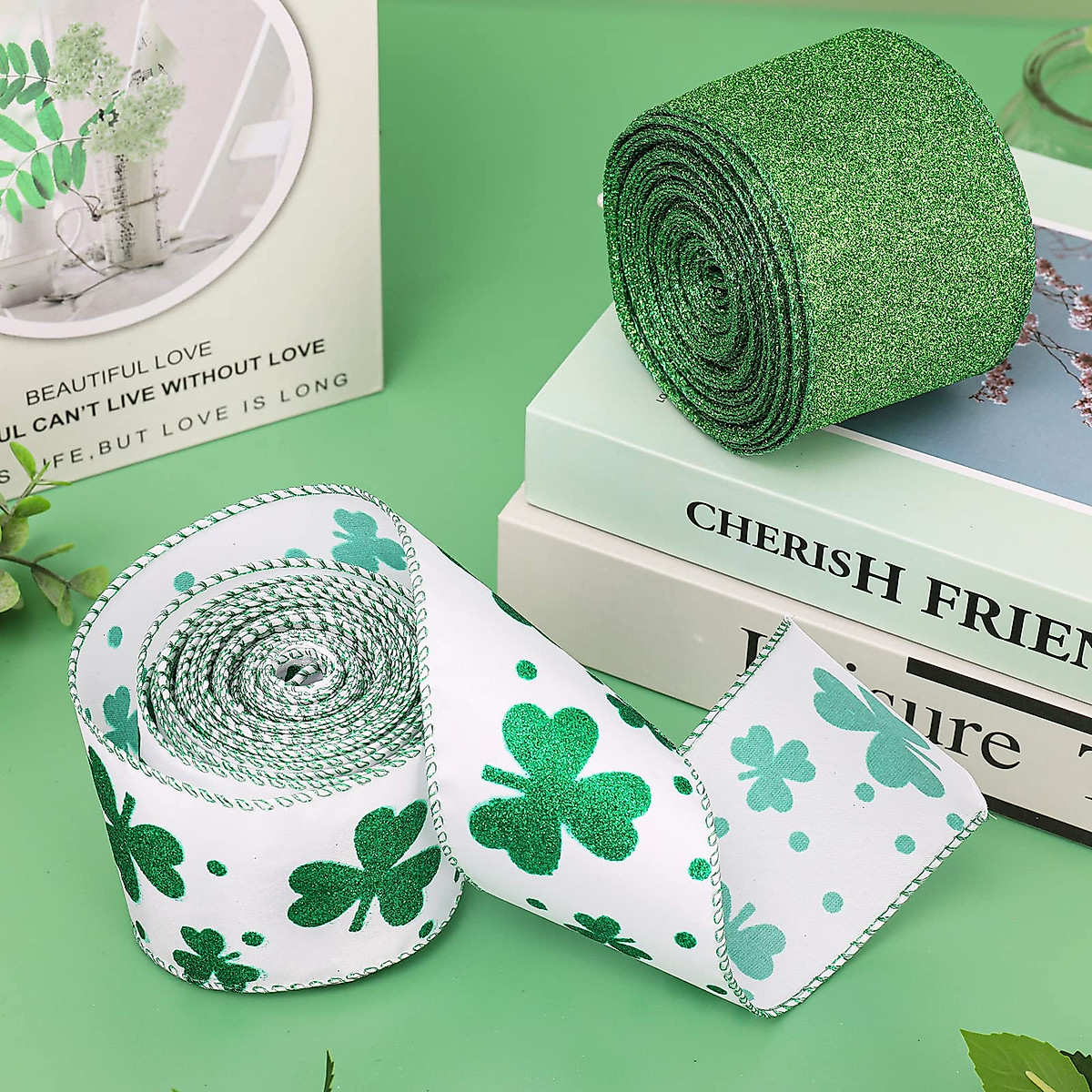 Whaline 2 Rolls St Patrick's Day Wired Ribbon Glitter Green Stain White Shamrock Craft Ribbons Linen Like Polyester Wrapping Ribbon for Home Craft Decoration Gift Bow Party Supply 2.5 Inch x 10 Yards