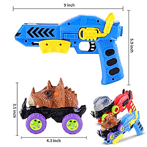 FiGoal 2 Pack Dinosaur Cars with Toy Gun Ejecting Friction Powered Dino Car Transforming Dinosaur Toys Car Gifts for Boys Girls Teacher Classroom Prize