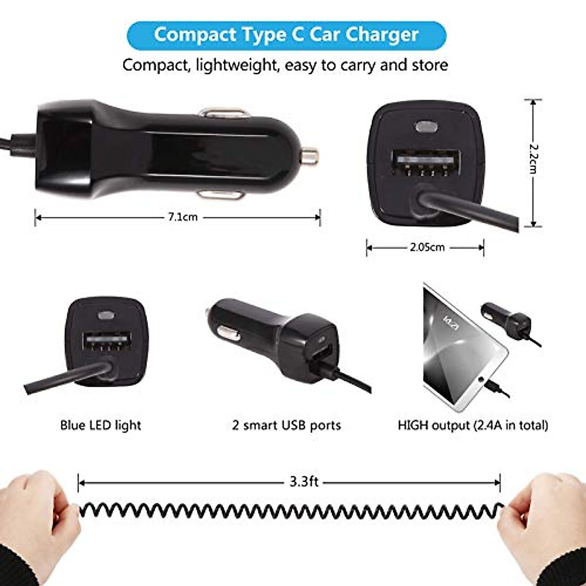 2Pack 2.4A Fast Charging USB C Car Charger Adapter with 3ft Type C Coiled Cable for Samsung Galaxy S20 FE S20 Plus Ultra S10 Lite S10e S9 S8+ A01 A10E A11 A20 A21 A30S A50 A51 5G A71, LG Stylo 6 5 4
