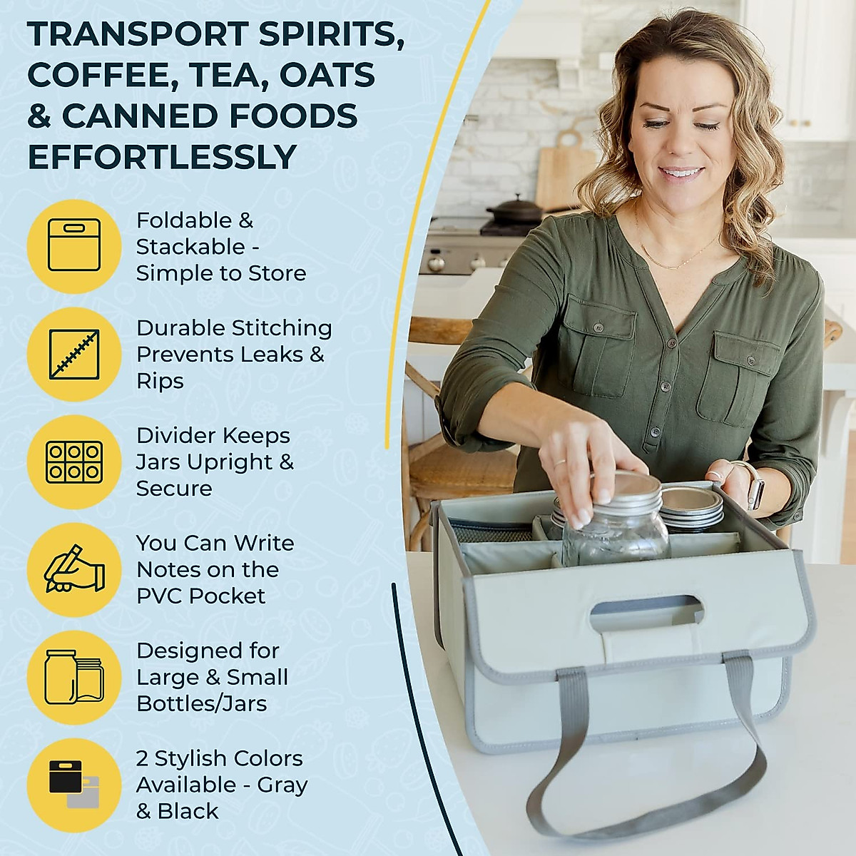 Jar Organizer 6 Mason Jar Bottle Carrier Foldable Stackable Organizer Storage Tote Bag with Handles, Removable Divider for Organizing, Storing, Carrying Ball Canning Jars, Drinking Jar Cups, Tumblers