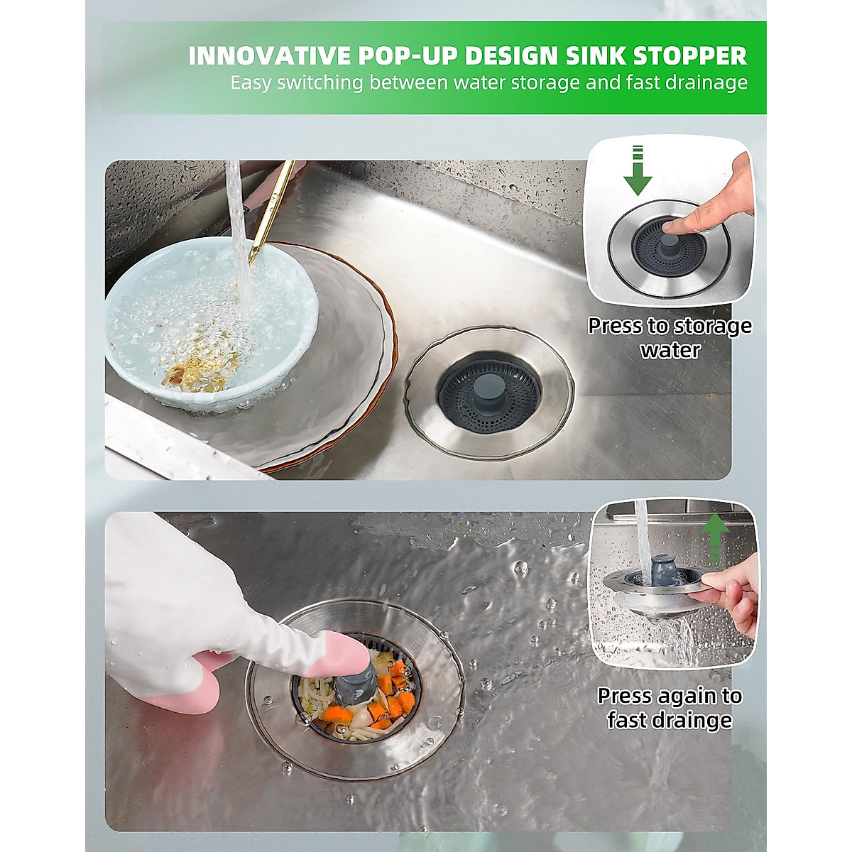 Hibbent Universal 3 in 1 Metal Kitchen Sink Drain Strainer, Upgraded Stainless Steel Drain Stopper Combo, Pop Up Sink Stopper, Anti-Clogging Basket Strainer with Handle for US Standard 3-1/2" Drain