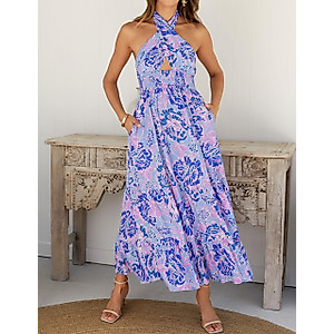 ZESICA Women's 2025 Summer Crossover Halter Neck Sleeveless Plaid Cut Out Backless Flowy A Line Maxi Dress,BluishViolet,Small