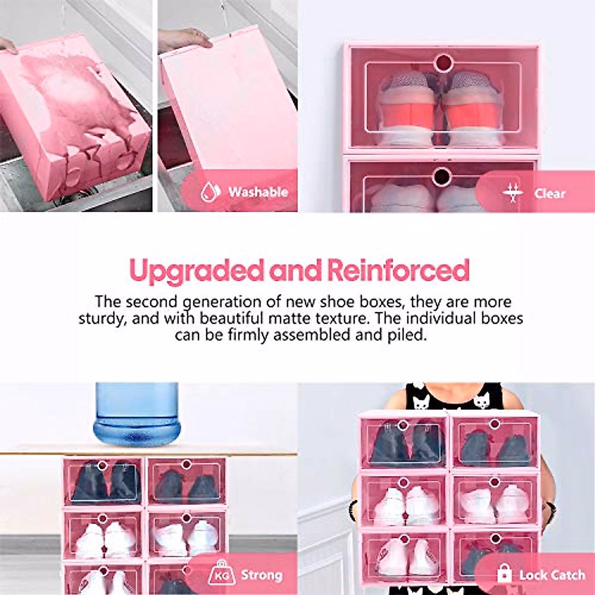 KPX 12 Pack Stackable Shoe Storage Organizer Plastic with Lid, Clear Shoe Boxes Drop Front, Shoe Containers Bins for Men’s Sneaker Women’s High Heels – Easy to Assemble (Pink)