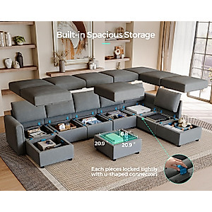 LINSY HOME Modular Sectional Sofa, Oversized Sectional Couch with Storage, Ottomans, Modular Sectional Sleeper Sofa with Memory Foam, 9 Seat U Shape Sofa Set for Living Room, Dark Grey