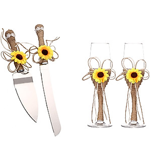 TANG SONG Cake Knife and Server with Champagne Glasses Sets Resin Plastic Handle with with Sunflower Burlap Lace Design