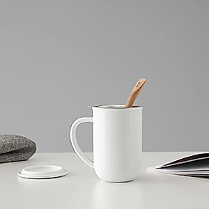 VIVA Minima Balance Pure White Porcelain Infuser Tea cup 17 oz / 500 ml Mug with Stainless Steel Infusion Mesh and Lid - Perfect for Loose Leaf Tea Brewing