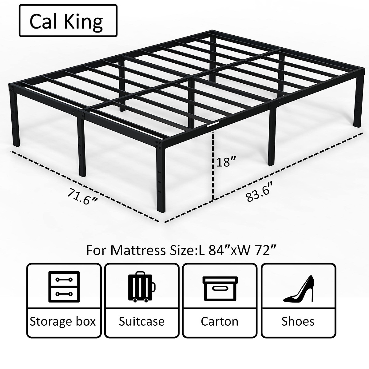 EMODA 18 Inch California King Bed Frames Heavy Duty Tall Metal Cal King Platform with Large Storage Space, No Box Spring Needed, Noise Free, Black