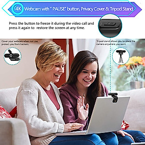 Webcam 4K HD Computer Camera 8MP Microphone PC Web Camera, Full Widescreen Laptop USB Webcams, Privacy Shutter, Tripod, Mac Desktop Notebook Webcam, Video Calling Recording Webcam