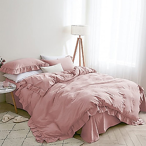 Omelas Blush Pink Ruffled Duvet Cover Set Twin Size Vintage Ruffle Fringe Comforter Cover Solid Color Farmhouse Rustic Single Bedding Soft Microfiber,Zipper Closure,1 Sham (Mauve Pink, Twin)