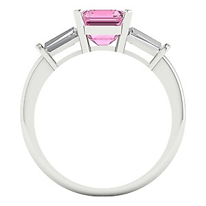 1.62ct SQ Emerald cut 3 stone Solitaire Pink Simulated Diamond Designer Anniversary Bridal Engagement Ring 14k White Gold 6