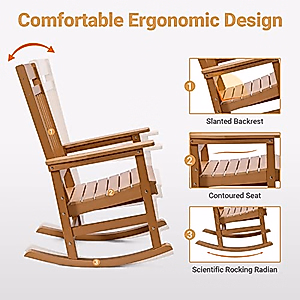 EMBRANGE Outdoor Rocking Chair with Tilting High Backrest, Weather Resistant, Fade-Resistant,Front Porch Rocker with 350 LBS Weight Capacity, Patio Rocking Chairs for Deck or Indoor, Teak