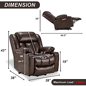 Kasunpul Large Power Lift Recliner Chair with Massage and Heat for Elderly, Overstuffed Wide Recliners, Genuine Leather with Breathable microporous, USB Ports, 2 Cup Holders (Brown)