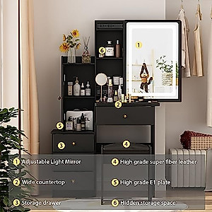 FAMAPY Vanity Mirror with Lights Desk and Chair, Vanity Desk with Sliding Lighted Mirror, Makeup Vanity with Lights, Drawers & Crystal Handles, Cushion Stool, Black