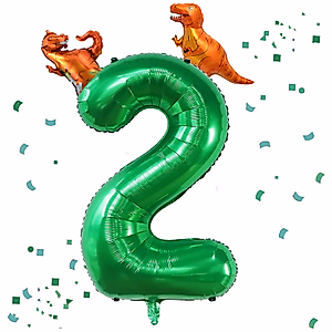 40 Inch Green Number 2 & 2 Pcs Mini Dinosaur Balloon for Boys Birthday Party Decorations, 2nd Birthday Dinosaur Party Supplies, Green Jungle Dinosaur Theme Birthday Party Balloons Decorations