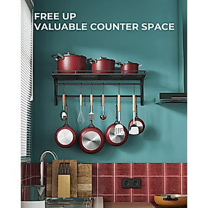 OROPY 23 Inch Wall Mounted Pot Rack Storage Shelf with 2 Tier Hanging Rails 12 S Hooks included, Ideal for Pans, Utensils, Cookware, Plant Black