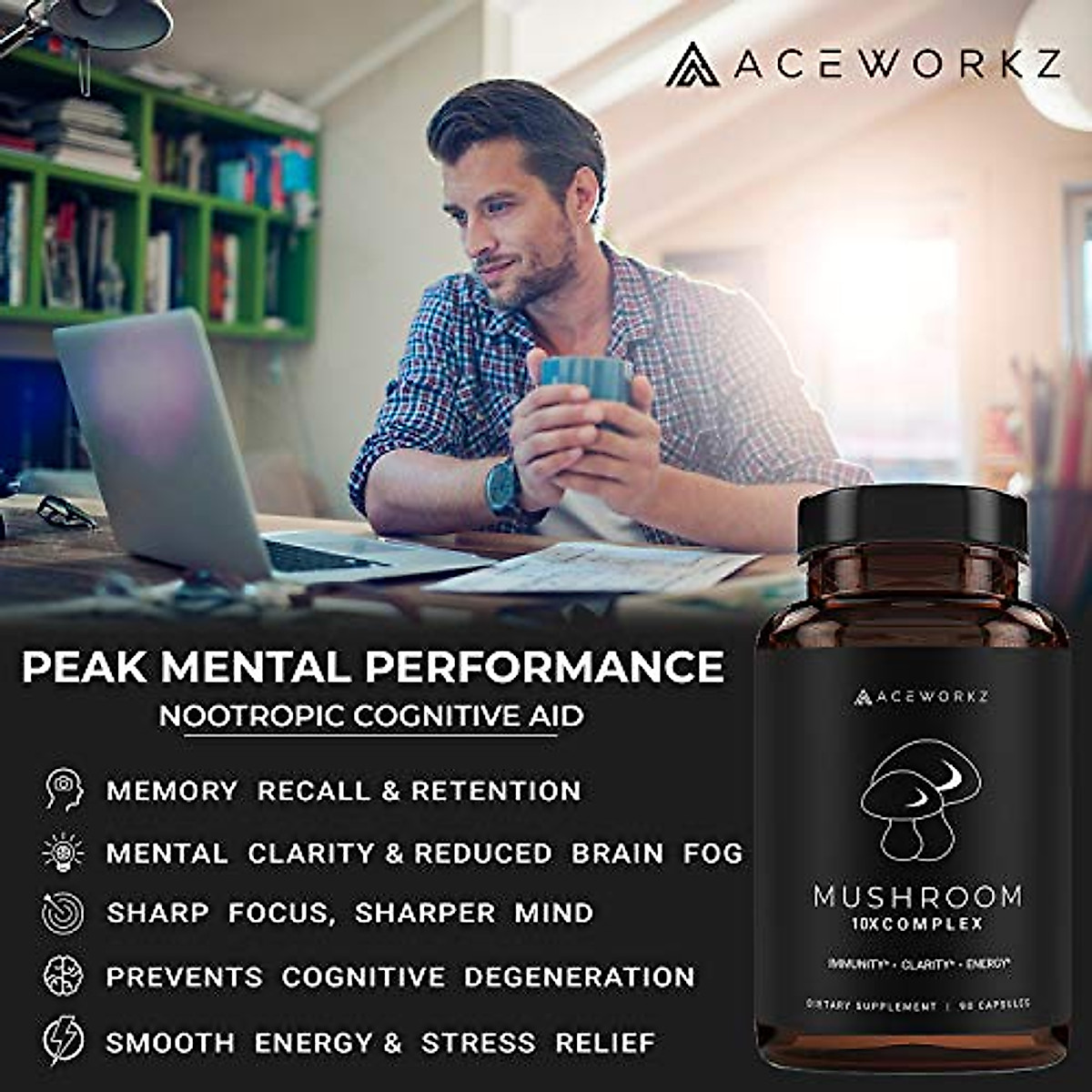 Mushroom Supplement - Lions Mane, Reishi and Cordyceps - 10 Mushroom Complex - Nootropic Brain Supplement for Memory & Focus - Immune Booster - Natural Energy & Stress Relief (90 Capsules)