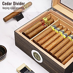Flauno Desktop Cigar Humidor, Cedar Wood Humidor Cigar Box with Digital Hygrometer, Humidifier, Tray and Dividers, Holds 25-50 Cigars, Walnut Finish