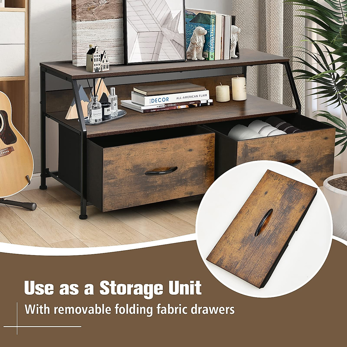 SILKYDRY Dresser TV Stand, Entertainment Center Media Console Table with 2 Folding Fabric Drawers & 2 Open Shelves for TV up to 43’’, Storage Drawer TV Unit for Bedroom, Living Room (Rustic Brown)