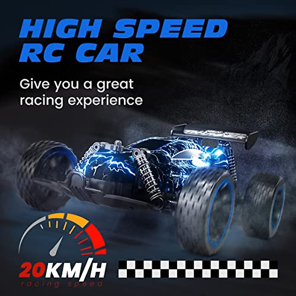 Tecnock RC Racing Car, 2.4Ghz High Speed Remote Control Car, 1:18 2WD Toy Cars Buggy for Boys & Girls with Two Rechargeable Batteries for Car, Gift for Kids(Blue&Light)