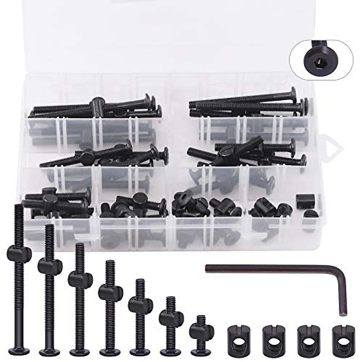 Keadic 85Pcs M6 20/30/40/50/60/70/80mm Baby Bed Screws Hardware Replacement Kit, Hex Socket Head Cap Screws Nuts for Furniture Cots Beds Crib, 1 Hex Key for Free - Black High Speed Steel