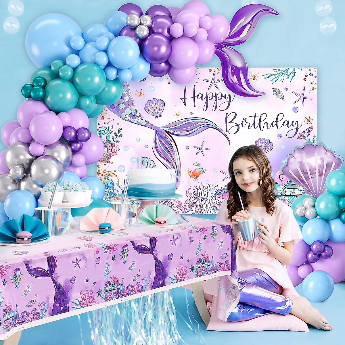 DataMoon Mermaid Birthday Party Decorations - 105pcs Mermaid Birthday Balloons Garland Arch Decorations Including Mermaid Backdrop, Mermaid Tablecloth for Birthday Party,Baby Shower, Gender Reveal.
