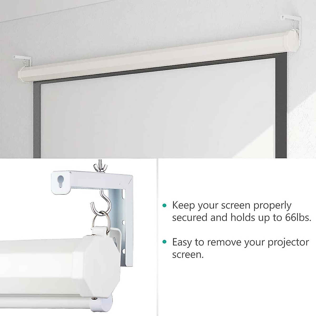 Universal Projector Screen Wall Mounted, 1 Pair Projector Screen Stand, Projector Screen Hanging Mount L-Brackets, Adjustable Projector Screen Mounting Hook Kit - White