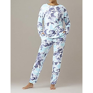 HUE Women's Long Sleeve Tee and Jogger Pant 2 Piece Pajama Set, Button Blue-Cloud Tiedye Cocktails, Large