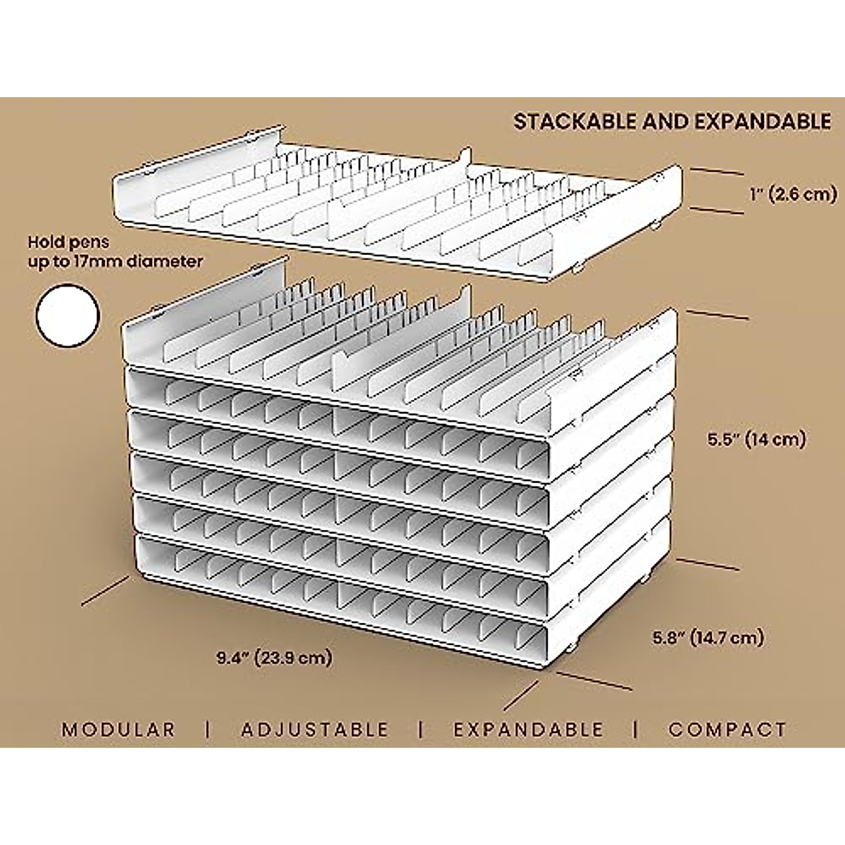 TOOLI-ART 72 Art Marker Storage Tray Desk Organizer Holder, Adjustable Dividers, Modular, Expandable, Stackable, Fit Most Pen, Pencil, Brushes. School, Home, Multi Purpose Tinted Plastic 6 Trays