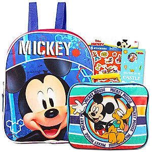Fast Forward Mickey Mouse Mini Backpack with Lunch Box Set - Bundle with 11" Mickey Backpack, Mickey Mouse Lunch Bag, Water Bottle, Stickers, More | Mickey Backpack for Toddlers