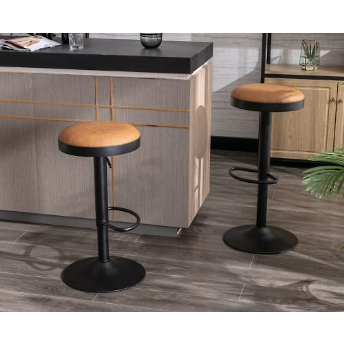 EALSON Modern Swivel Bar Stools Set of 2 Adjustable Counter Height Backless Barstools with Metal Base Leather Upholstered Round Bar Stool Chairs for Kitchen Island/Pub/Breakfast Bar, Brown