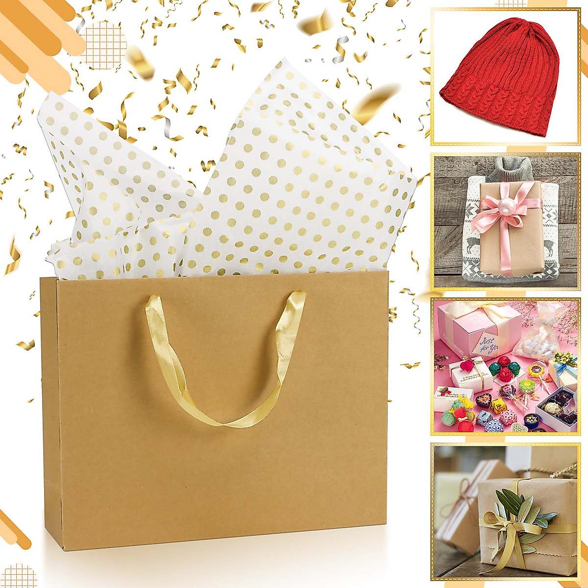 Rcybeo 15 Pack 10.6x3.1x8.3 Inch Brown Gift Bags, Kraft Paper Bags with Tissue Paper, Brown Paper Bag with Ribbon Handles for Retail, Grocery, Boutique, Wedding, Birthday, Party Supplies and Gifts