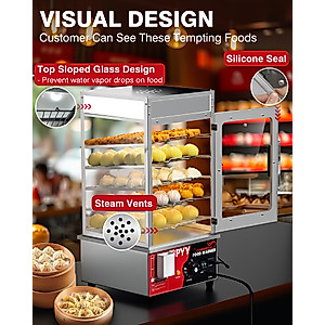 PYY Bun Steamer Electric Food Display - Upgrade Automatic Temperature Control 5 Layers Display Stainless Steel Commercial Bun Steamer For Kiosk, 1200W/110V