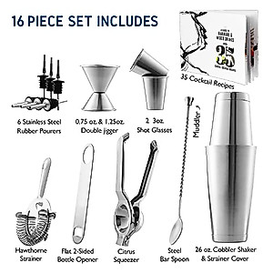 Bar Set Cocktail Shaker Set, Stainless Steel Mixology Bartender Kit, 16 Piece Cocktail Kit, Silver Cocktail Set, Bar Tools: 30oz Martini Shaker, Muddler, Bar Kit Cocktail Book, Jigger and Pourers