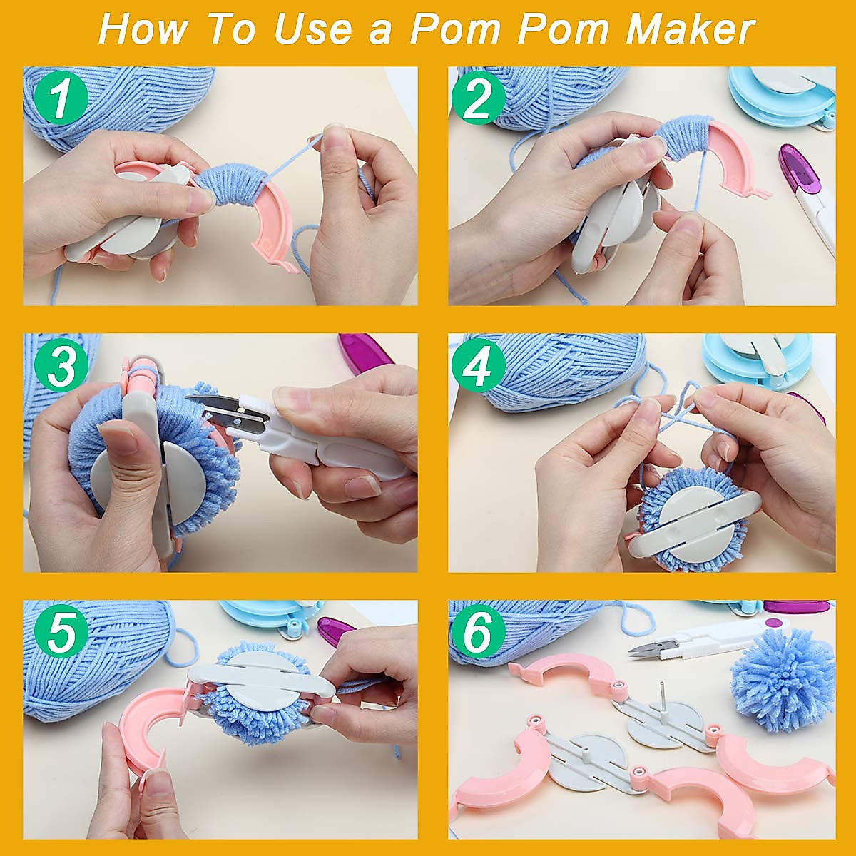 Zhaoyao Pompom Makers 4 Size Pom Poms Maker Tool Set DIY Fluff Ball Weaver for DIY Wool Yarn Knitting Craft Project with Cutter Scissors