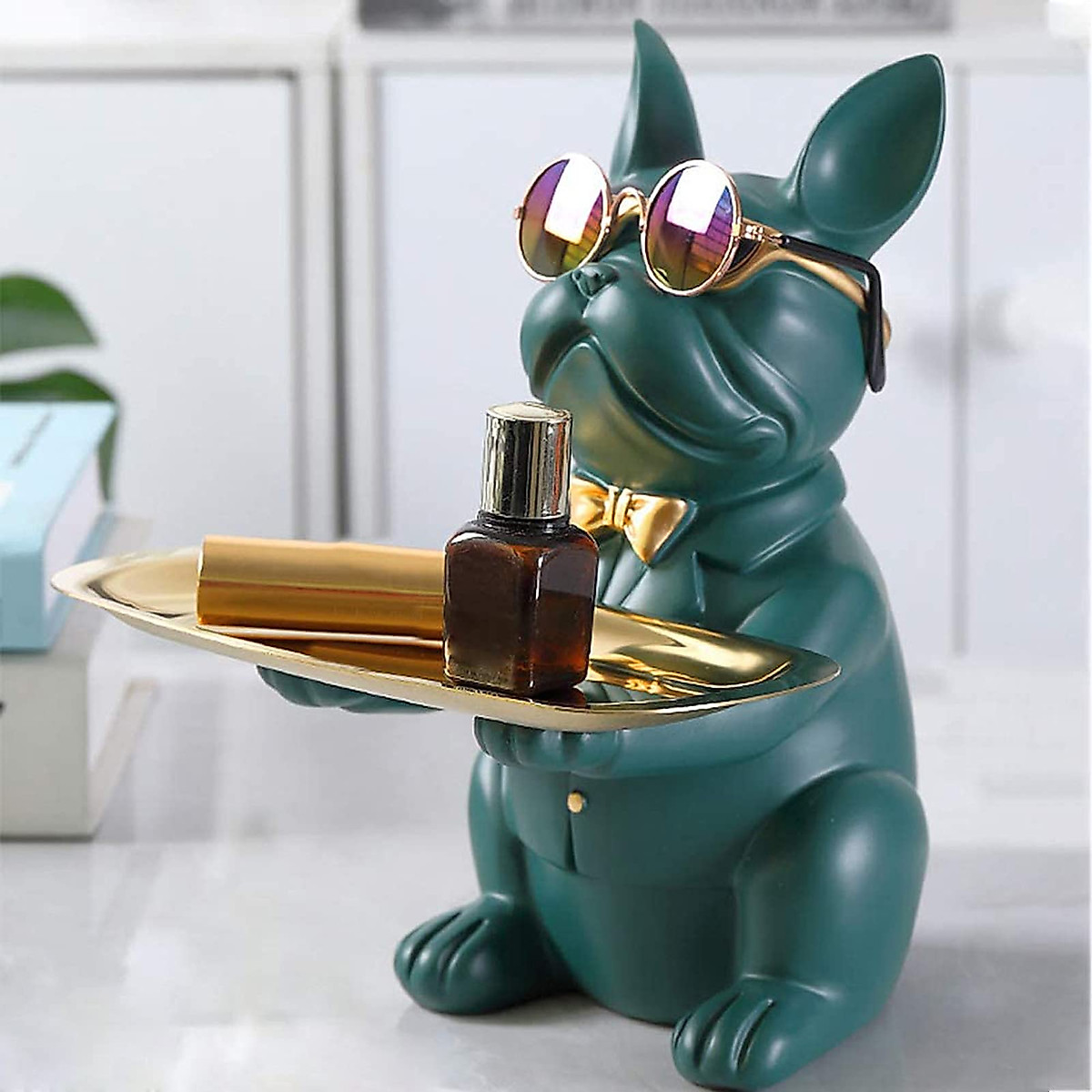 YAYONG French Bulldog Statue Home Decor Storage Tray Coin Bank Entrance Key Snack Holder Art Dog Statue, Home Garden Bar Decor Desktop Ornament, Length 17CM Width 8.5CM