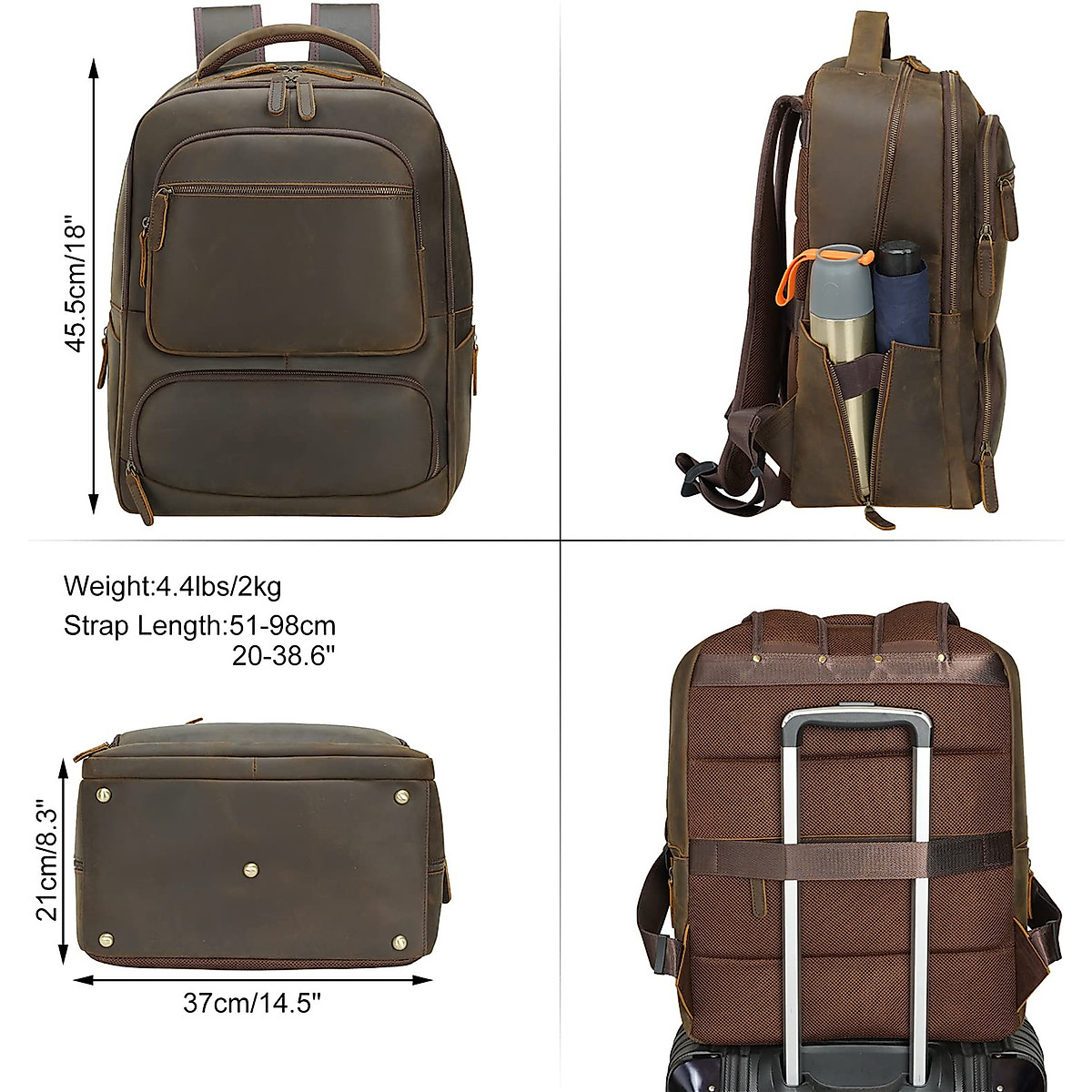 Masa Kawa Large Full Grain Leather 17.3" Laptop Backpack for Men Vintage Brown College School Bookbag Business Travel Work Casual Daypack Rucksack Bag