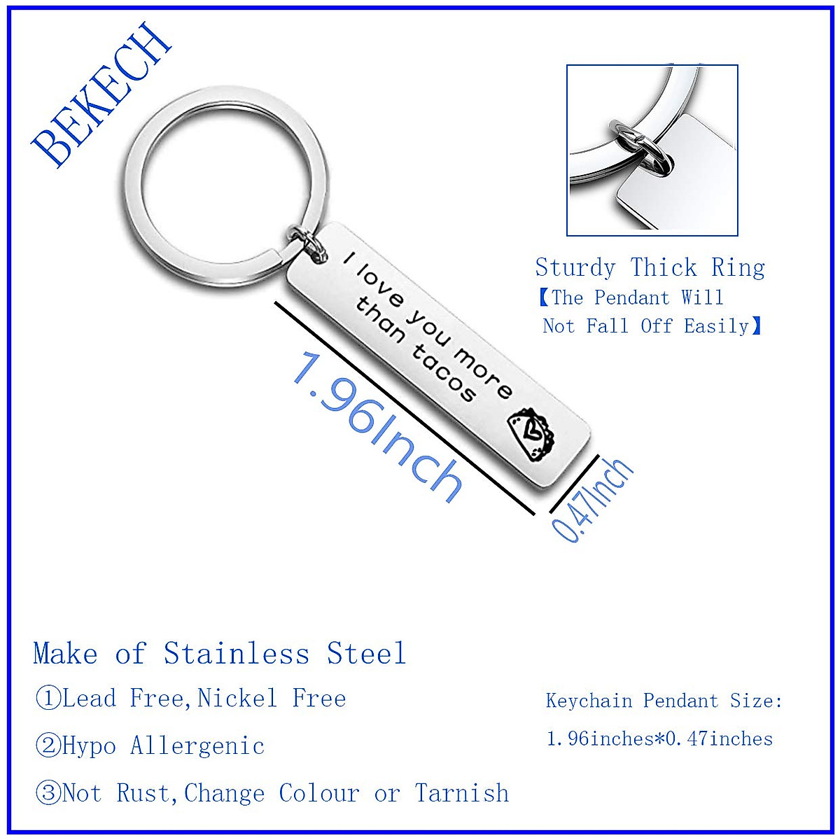 BEKECH I Love You More Than Tacos Hand Stamped Keychain Sweet Love Lettering Keyring Boyfriend Gift Girlfriend Gift Best Friend Gift (Silver)