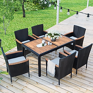 Aiuyesuo 7-Piece Outdoor Patio Dining Set, Garden PE Rattan Wicker Dining Table and Chairs Set, Acacia Wood Tabletop, Stackable Armrest Chairs with Cushions for Backyards Porches Poolside (Brown-13)